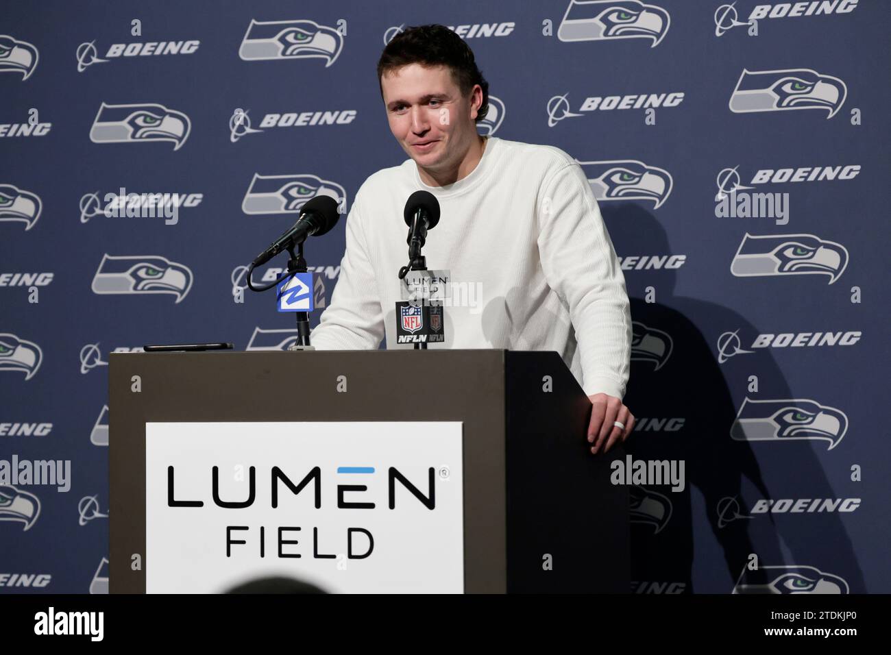 Seattle Seahawks quarterback Drew Lock speaks to the news media after ...