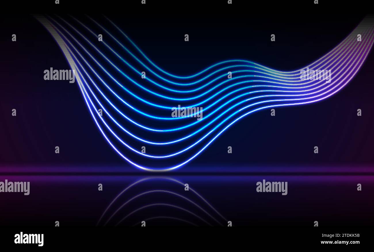 Blue ultraviolet neon waves with reflection. Abstract shiny technology retro background ...