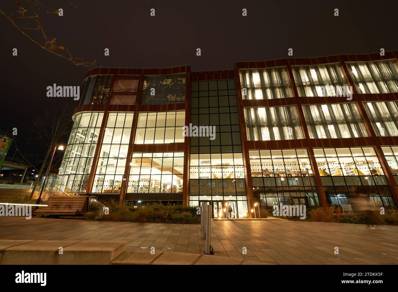 Modern glass building at night in Nottingham city center, UK Stock ...