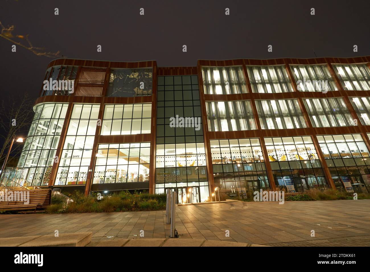 Modern glass building at night in Nottingham city center, UK Stock ...