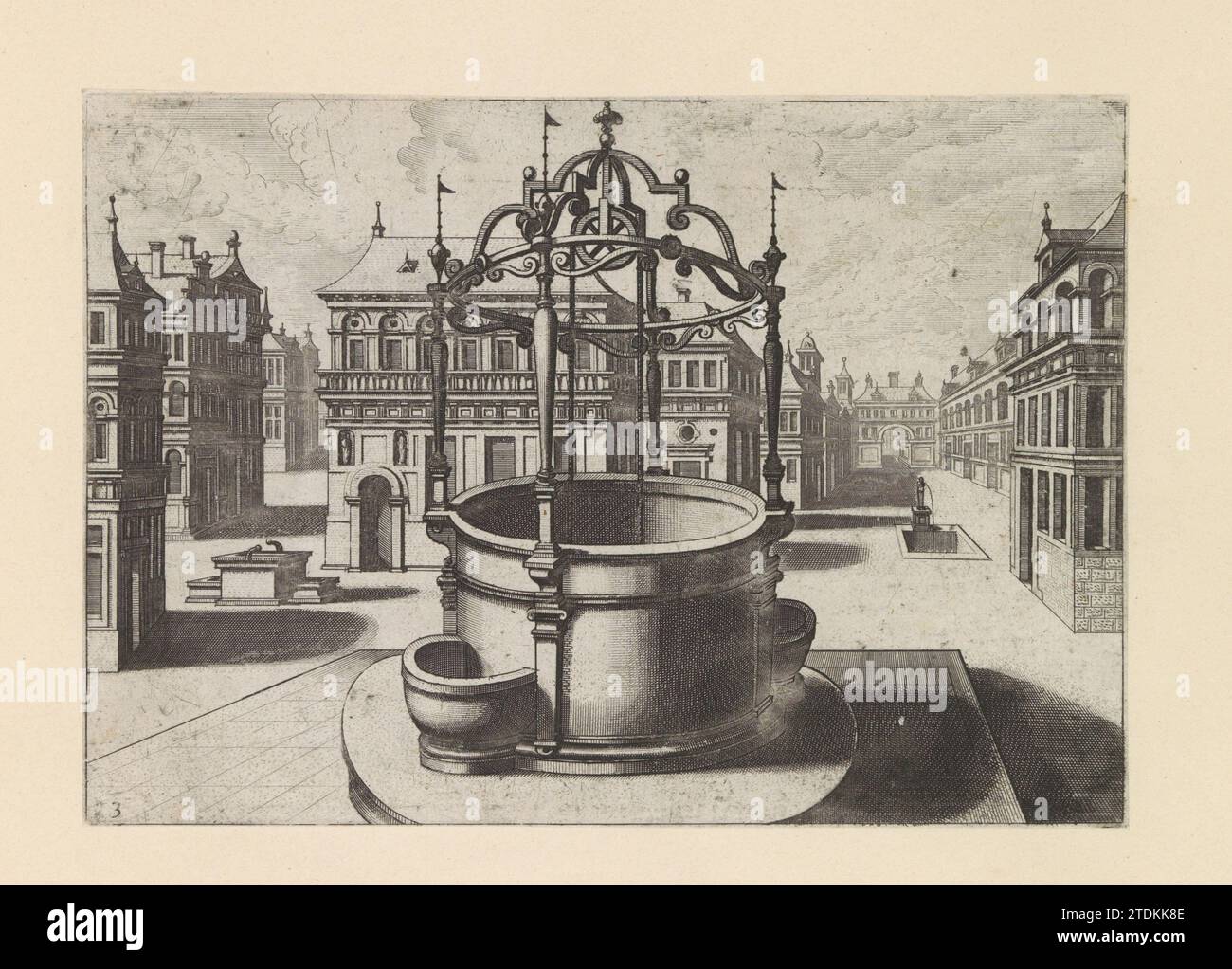 Round well with metal roof on a city square, Johannes or Lucas van ...