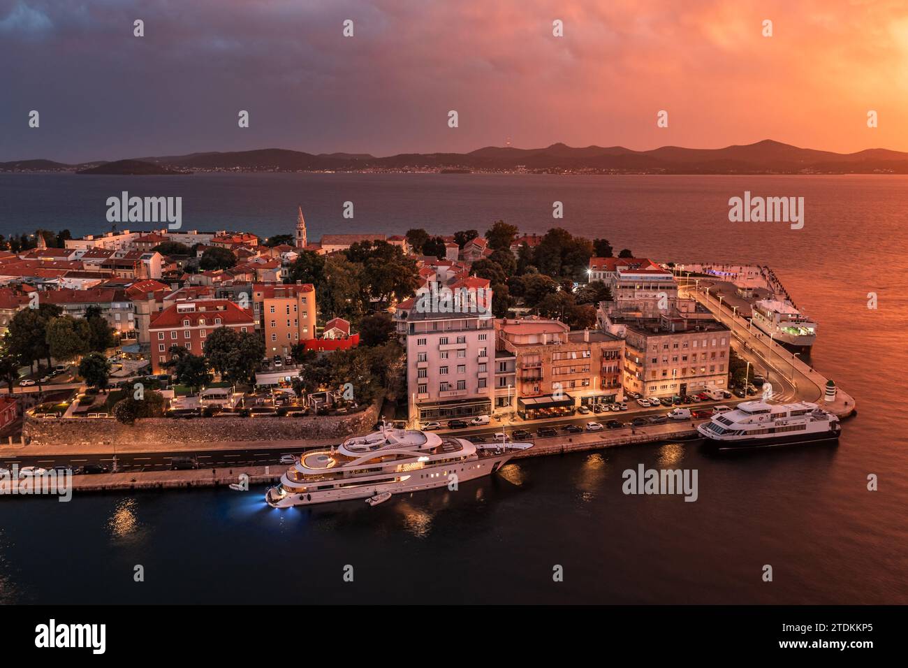 Zadar, Croatia - Aerial view of the Old Town of Zadar at dusk with ...