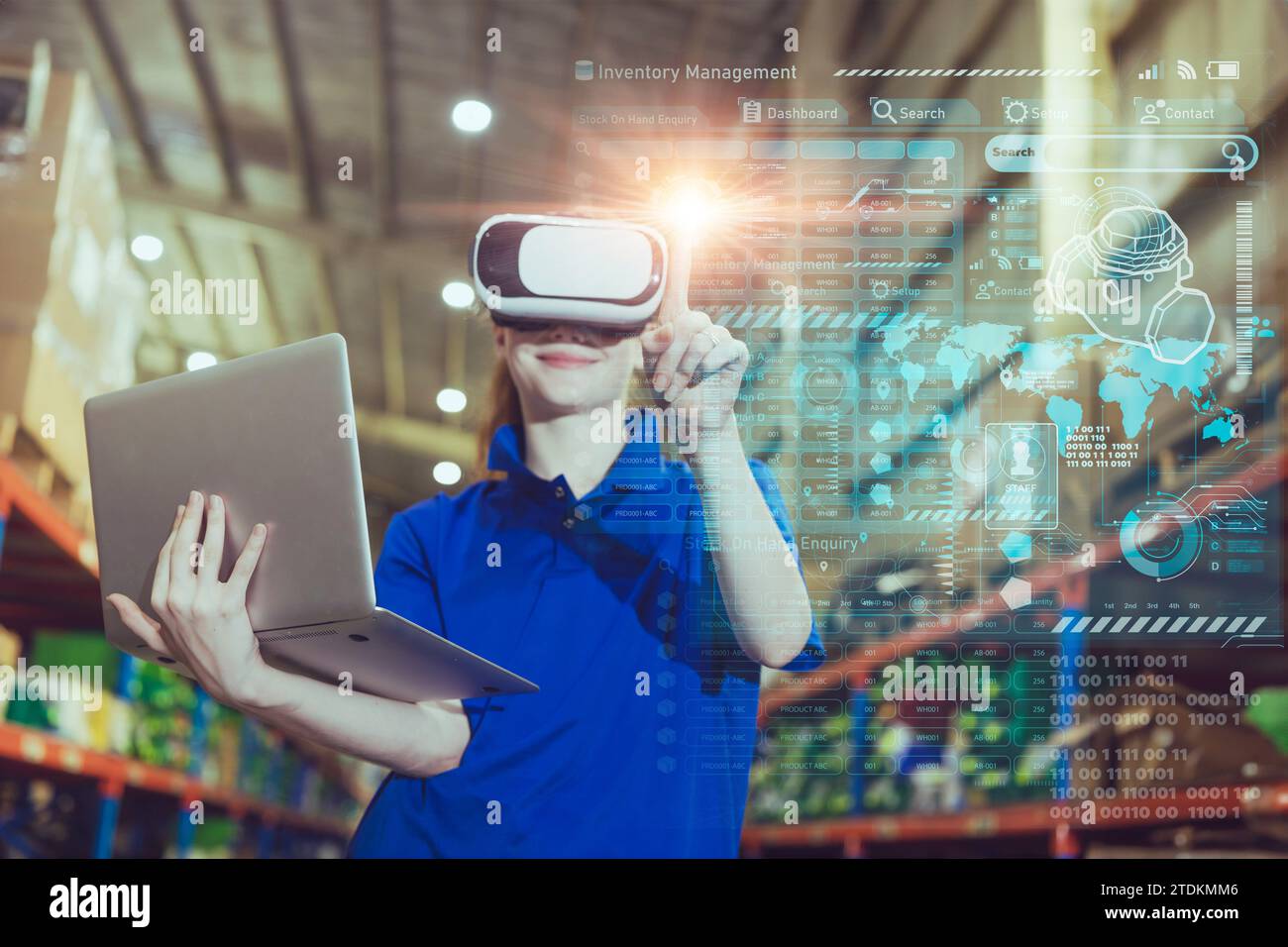 warehouse worker enjoy using advance modern technology VR overlay ...