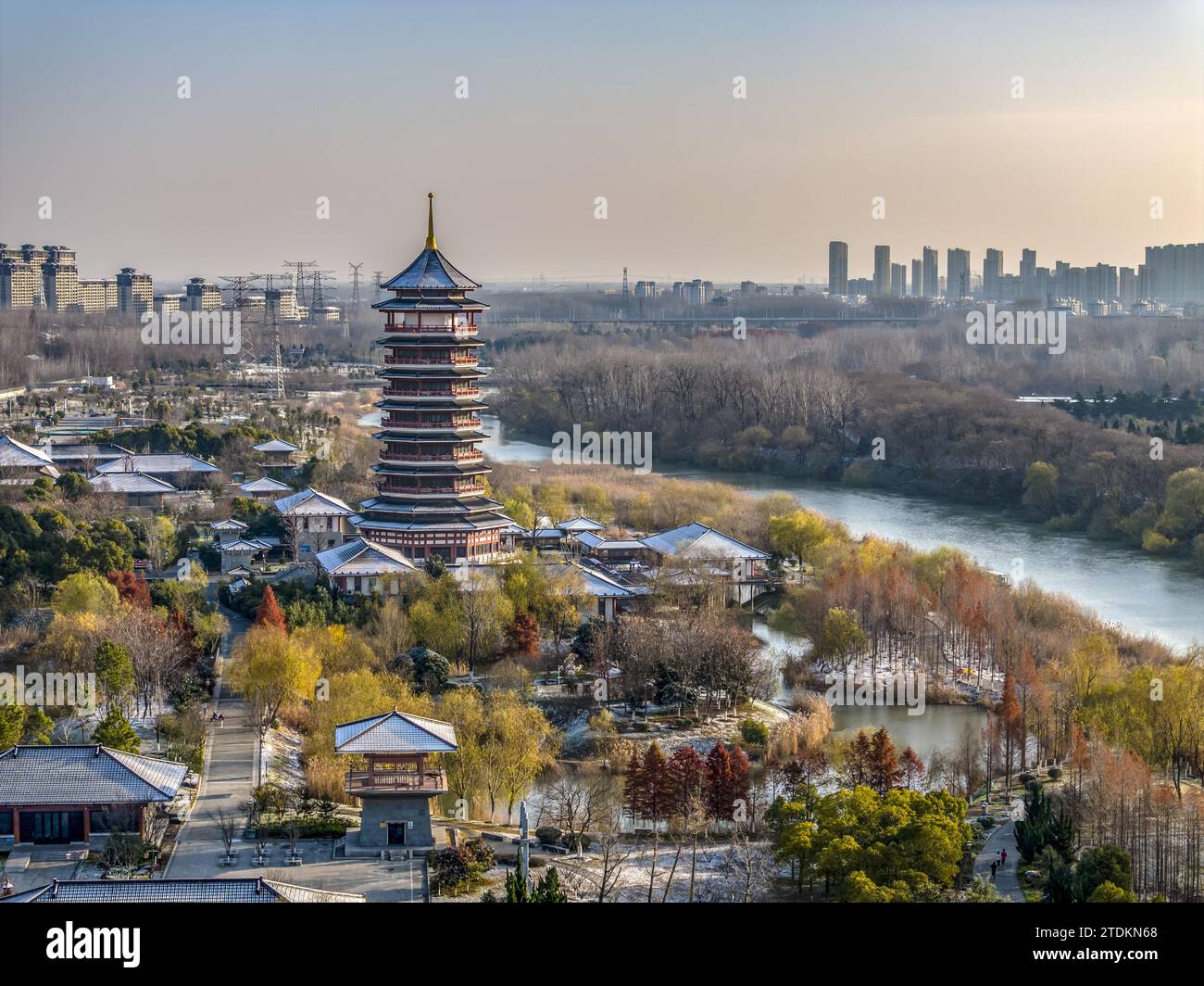 Aerial photo shows the snow scenery at the Ancient Huaihe River ...