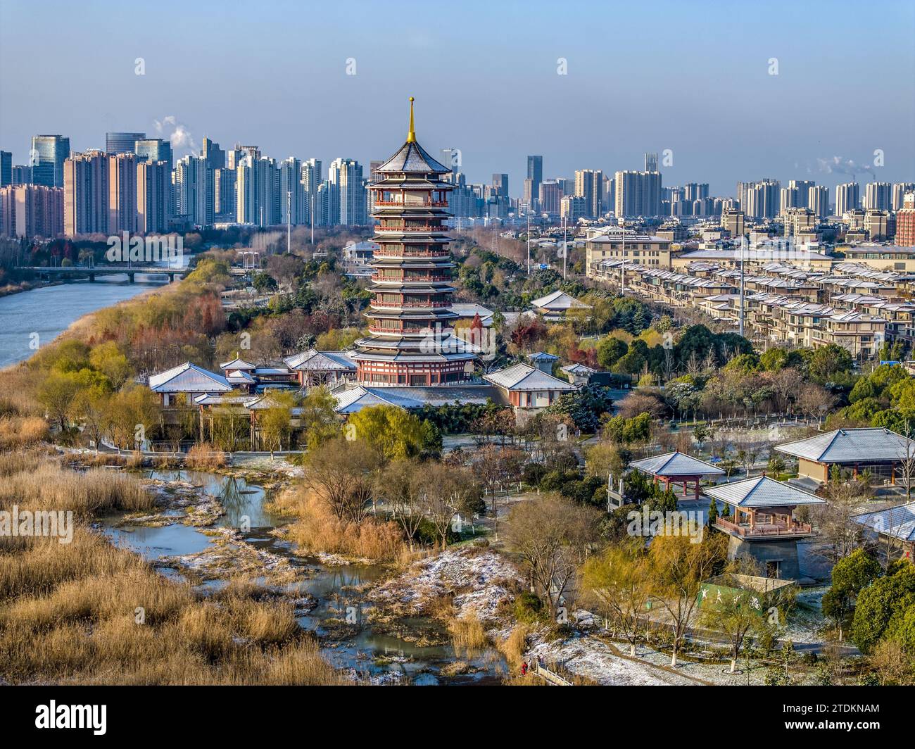 Aerial photo shows the snow scenery at the Ancient Huaihe River ...