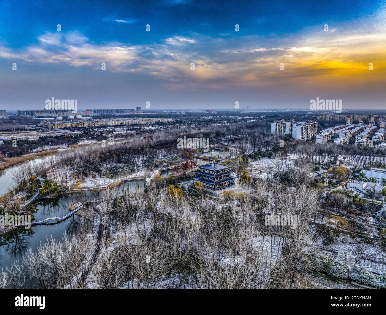 Aerial photo shows the snow scenery at the Ancient Huaihe River ...