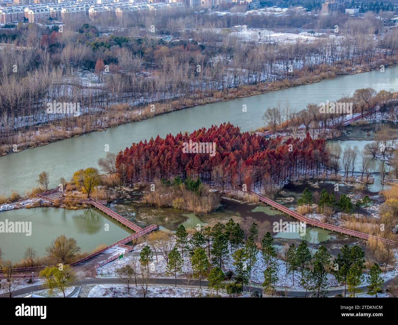 Aerial photo shows the snow scenery at the Ancient Huaihe River ...
