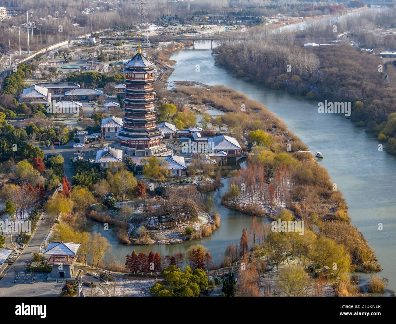 Aerial photo shows the snow scenery at the Ancient Huaihe River ...
