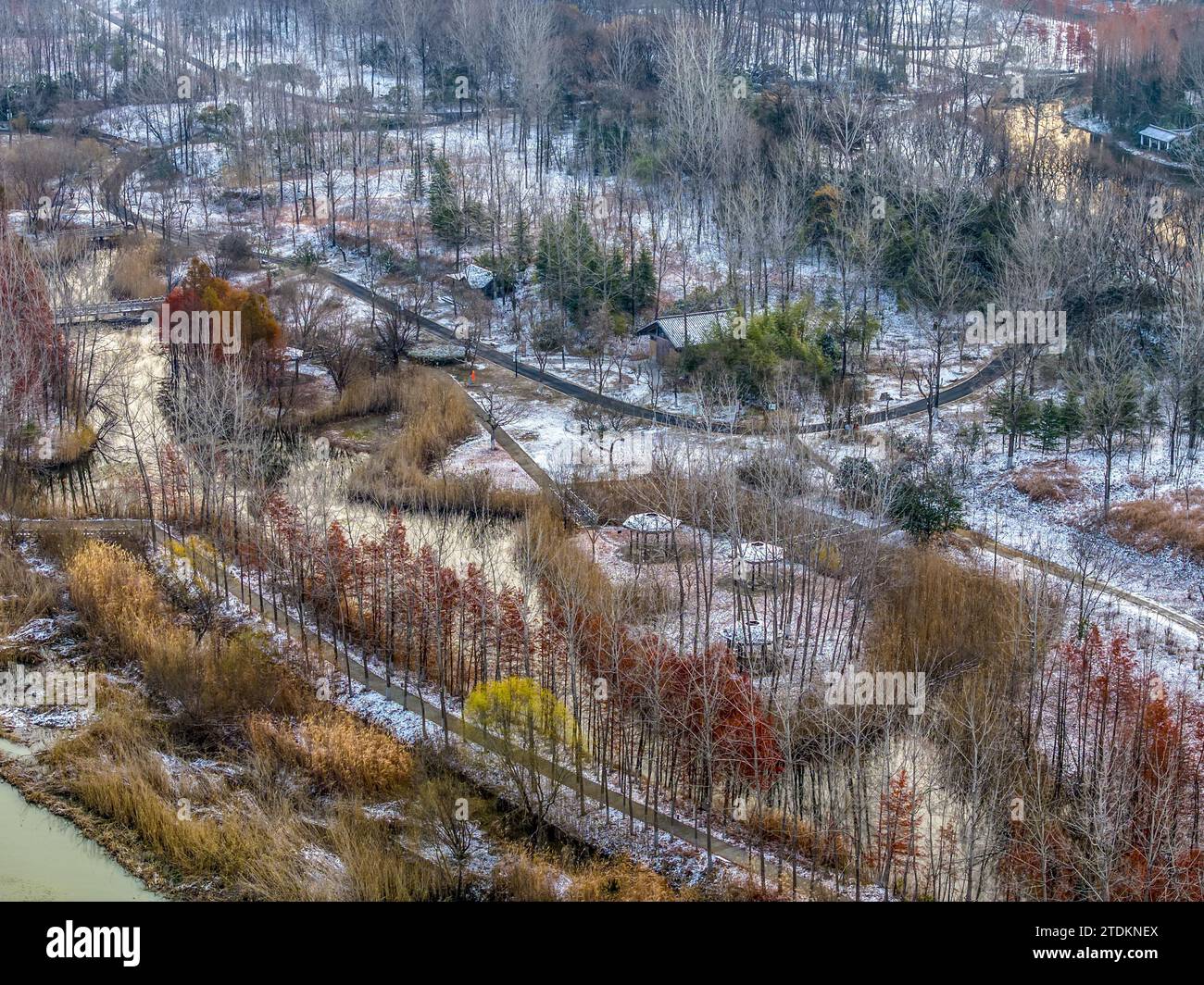 Aerial photo shows the snow scenery at the Ancient Huaihe River ...