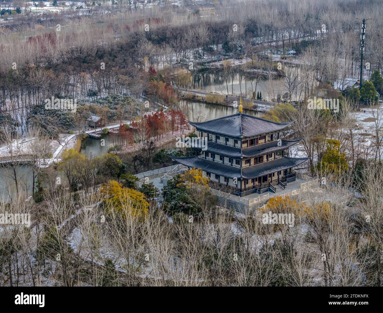 Aerial photo shows the snow scenery at the Ancient Huaihe River ...