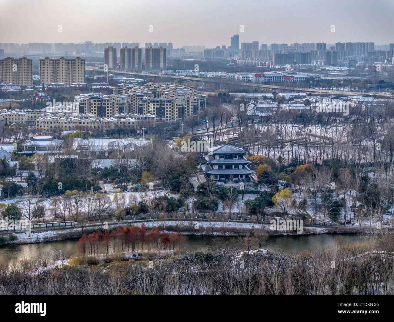 Aerial photo shows the snow scenery at the Ancient Huaihe River ...