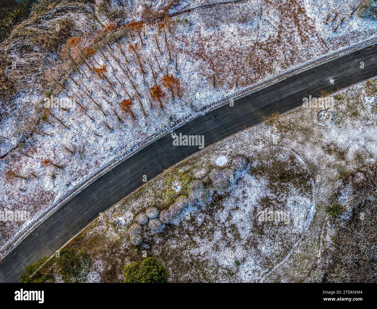 Aerial photo shows the snow scenery at the Ancient Huaihe River ...