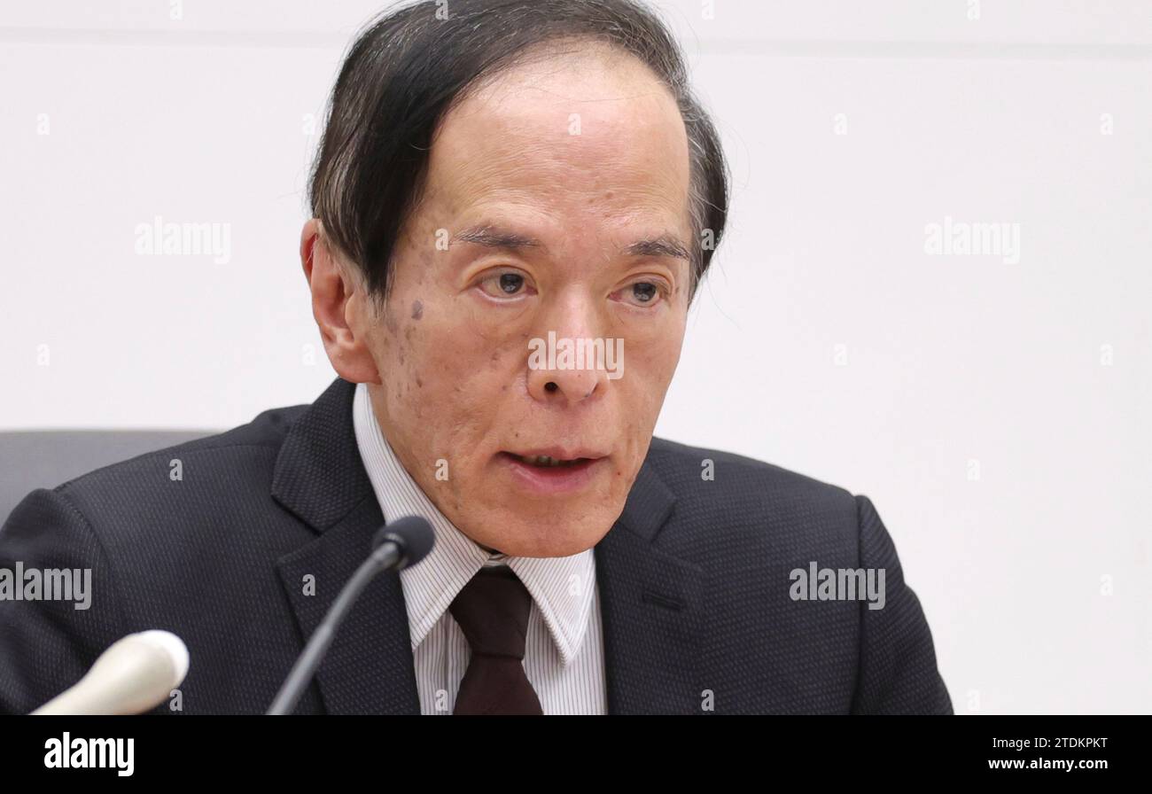 Kazuo Ueda, Governor of Bank of Japan (BOJ), attends a press conference ...