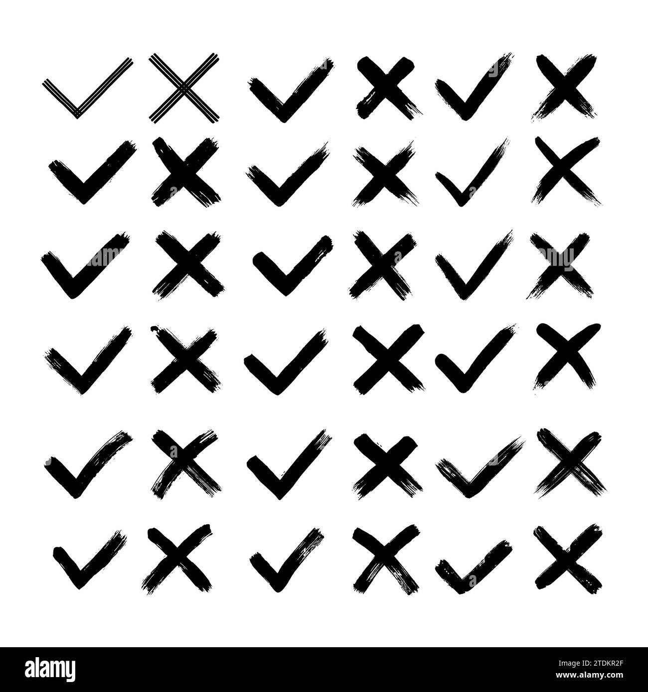Grunge hand drawn brush strokes cross X and tick OK check marks V ...
