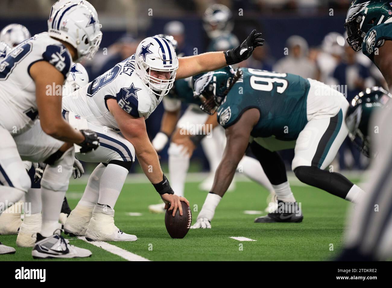 Dallas Cowboys center Tyler Biadasz (63) signals to the line during an ...
