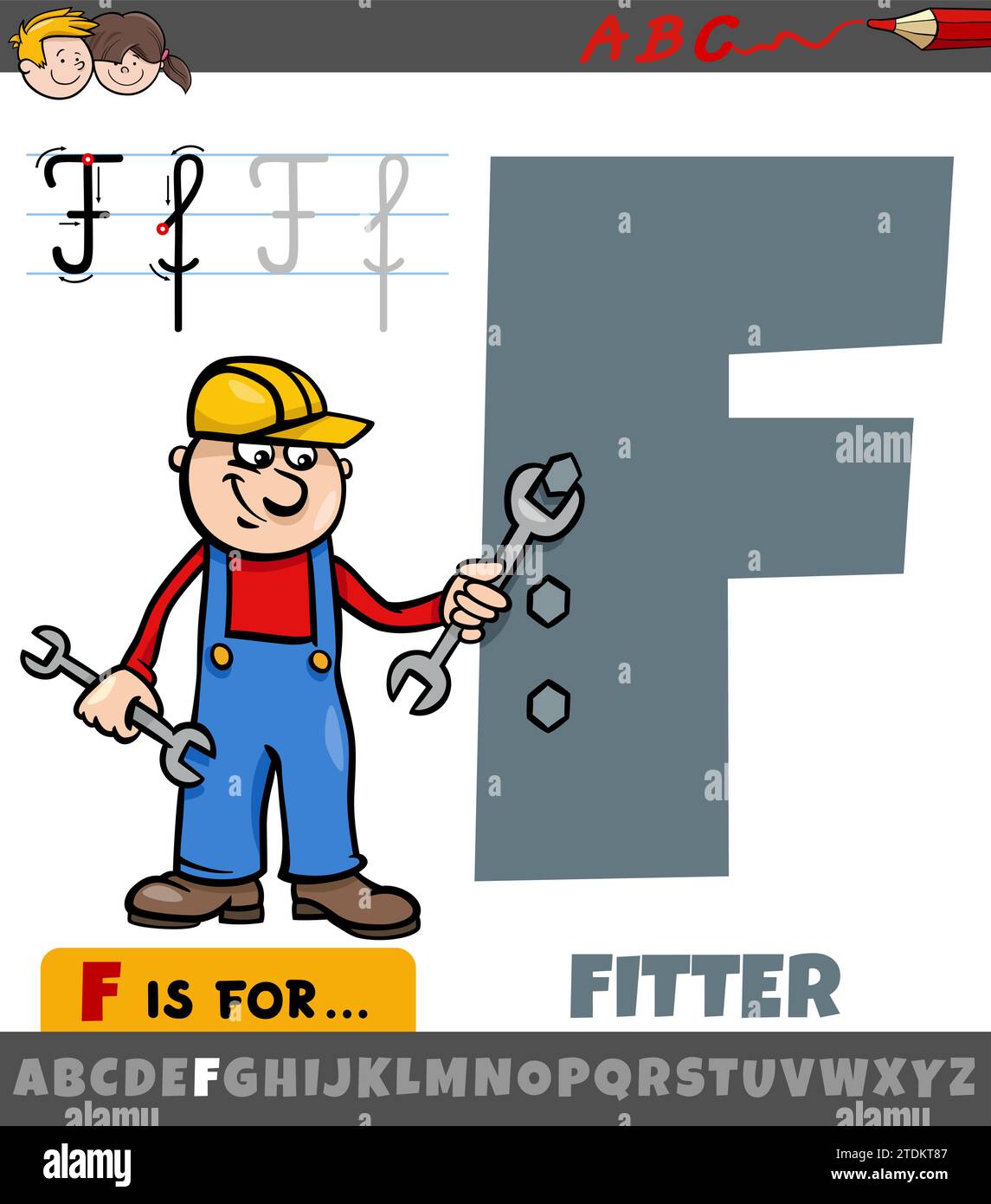 Educational cartoon illustration of letter F from alphabet with fitter ...