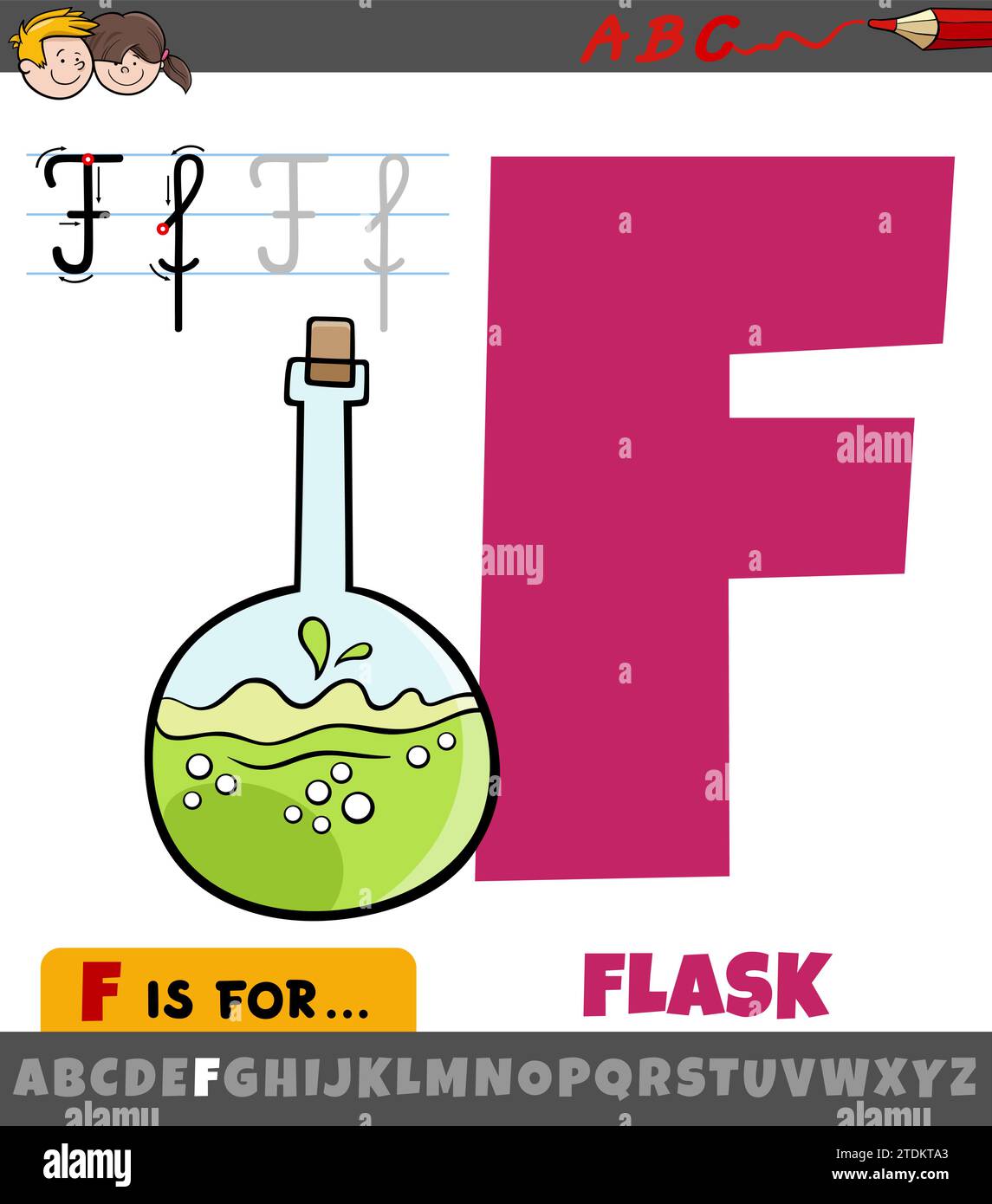 Educational cartoon illustration of letter F from alphabet with flask ...