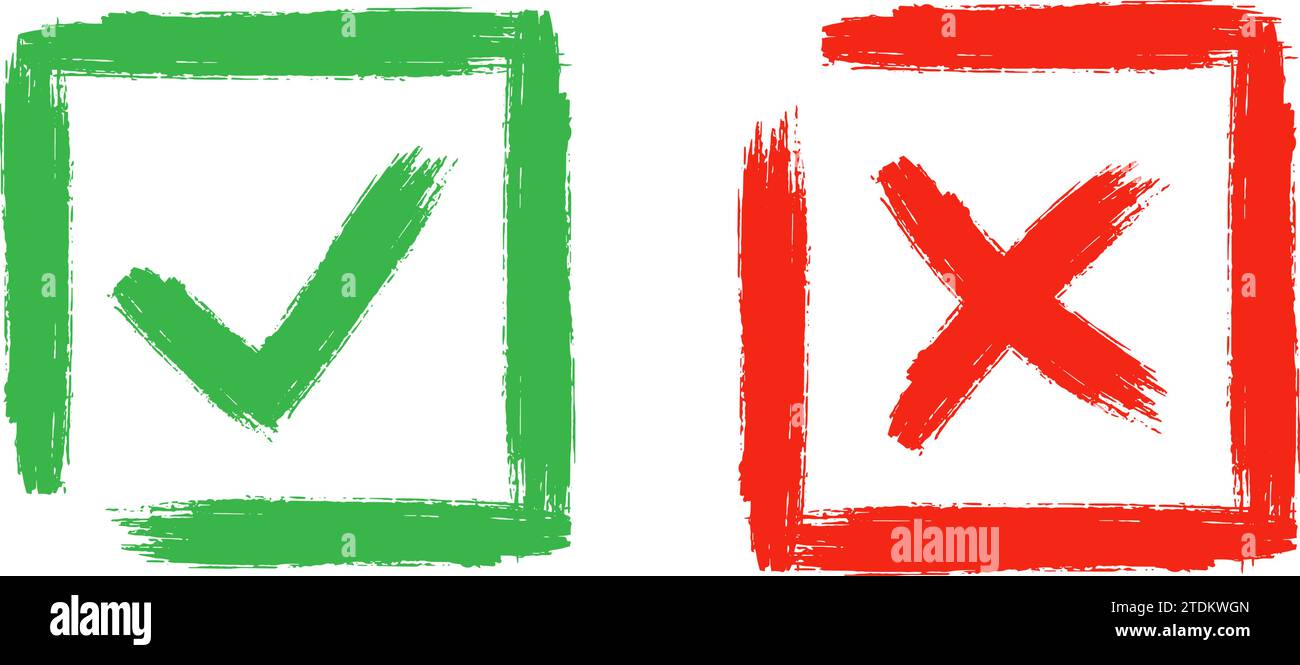Two dirty grunge cross x and tick OK check marks in check boxes, hand ...