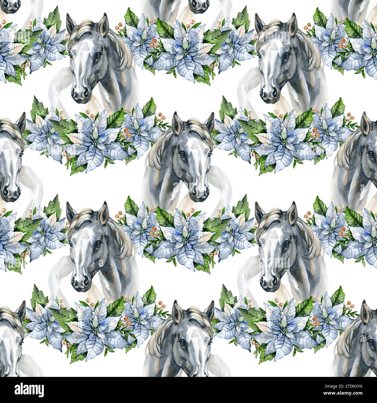 Seamless pattern with portraits of white horses. Hand drawn watercolor ...
