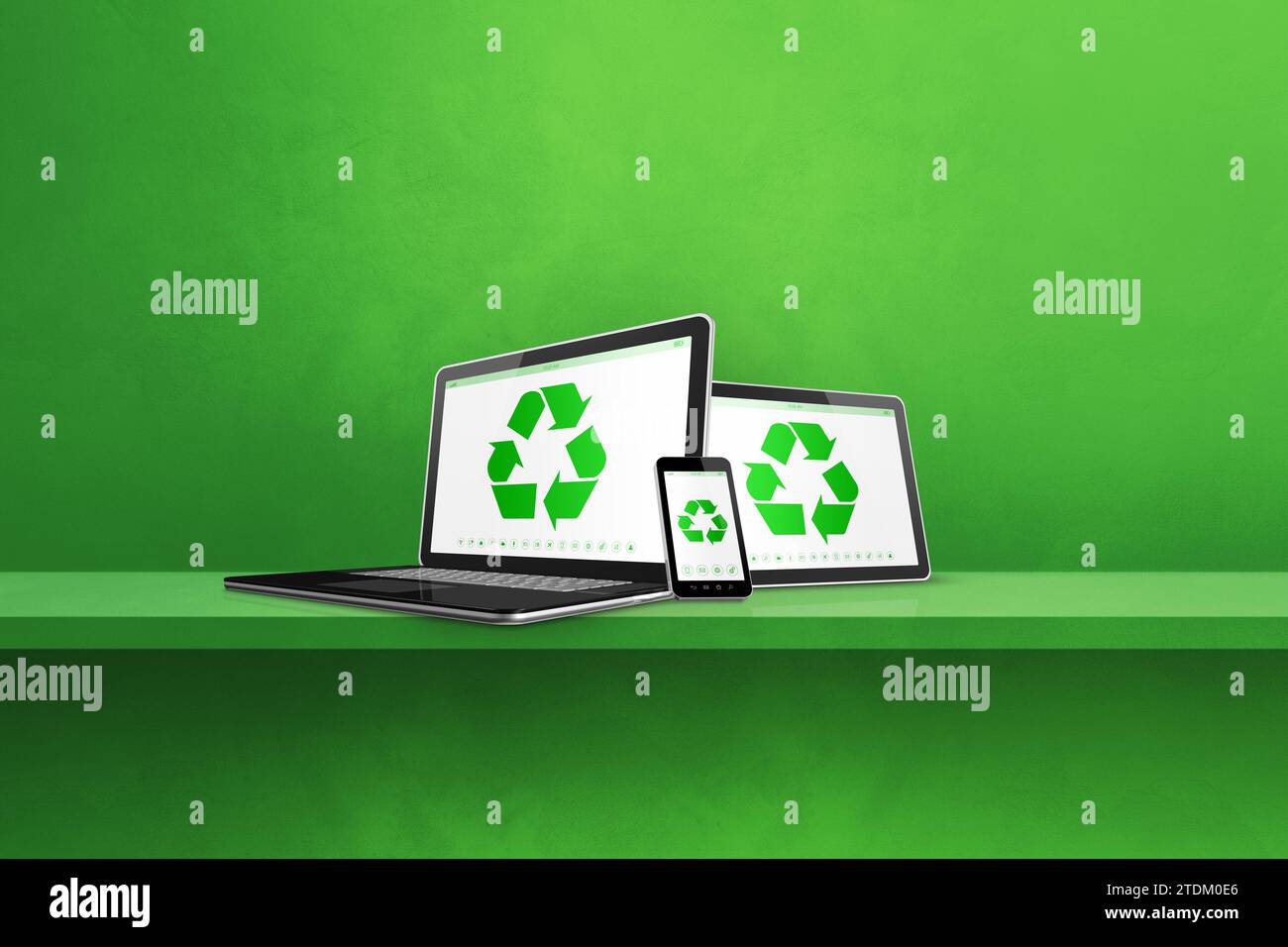 Laptop, tablet PC and smartphone on a shelf with a recycle symbol on ...