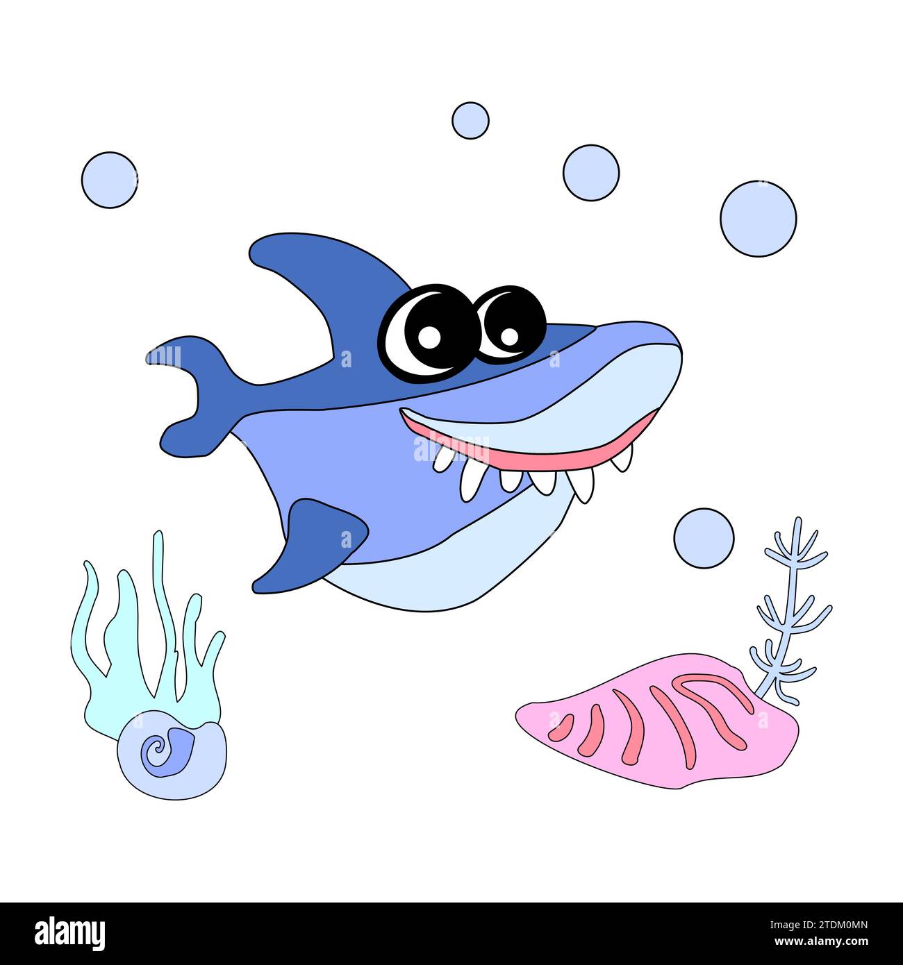 Cute shark with shells, bubbles and algae in the ocean. For posters ...
