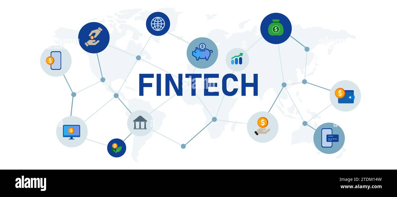 Fintech financial technology online transaction concept banner header connected icon set symbol ...