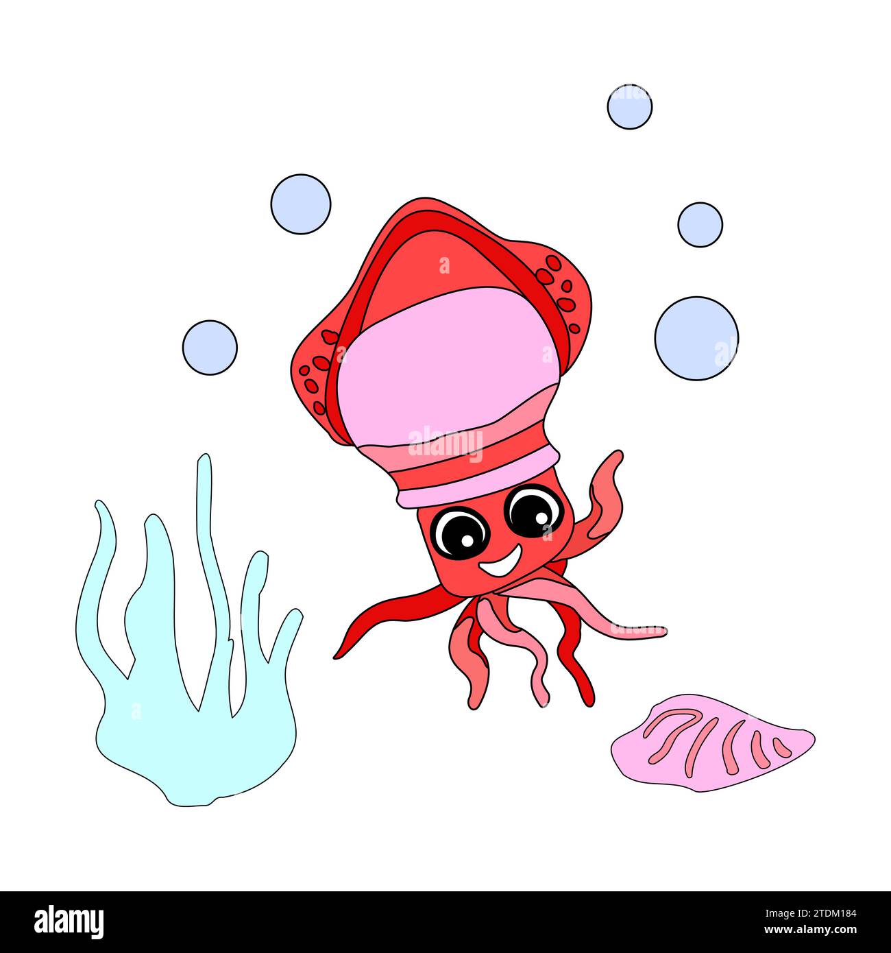 Squid with shells, bubbles and algae in the ocean. For posters, prints ...