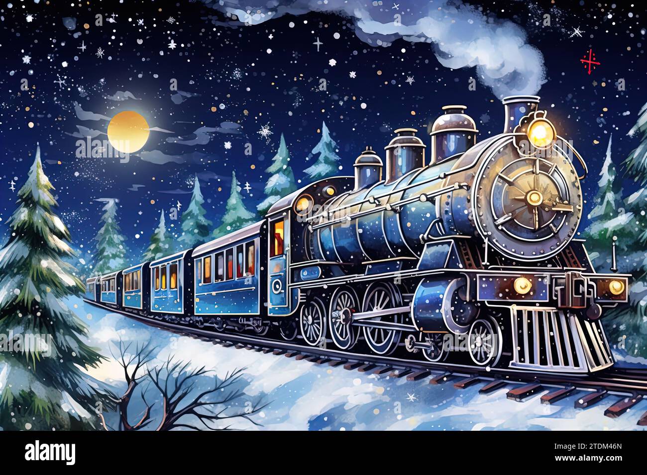 vintage steam-powered Christmas train travels through a snowy forest ...