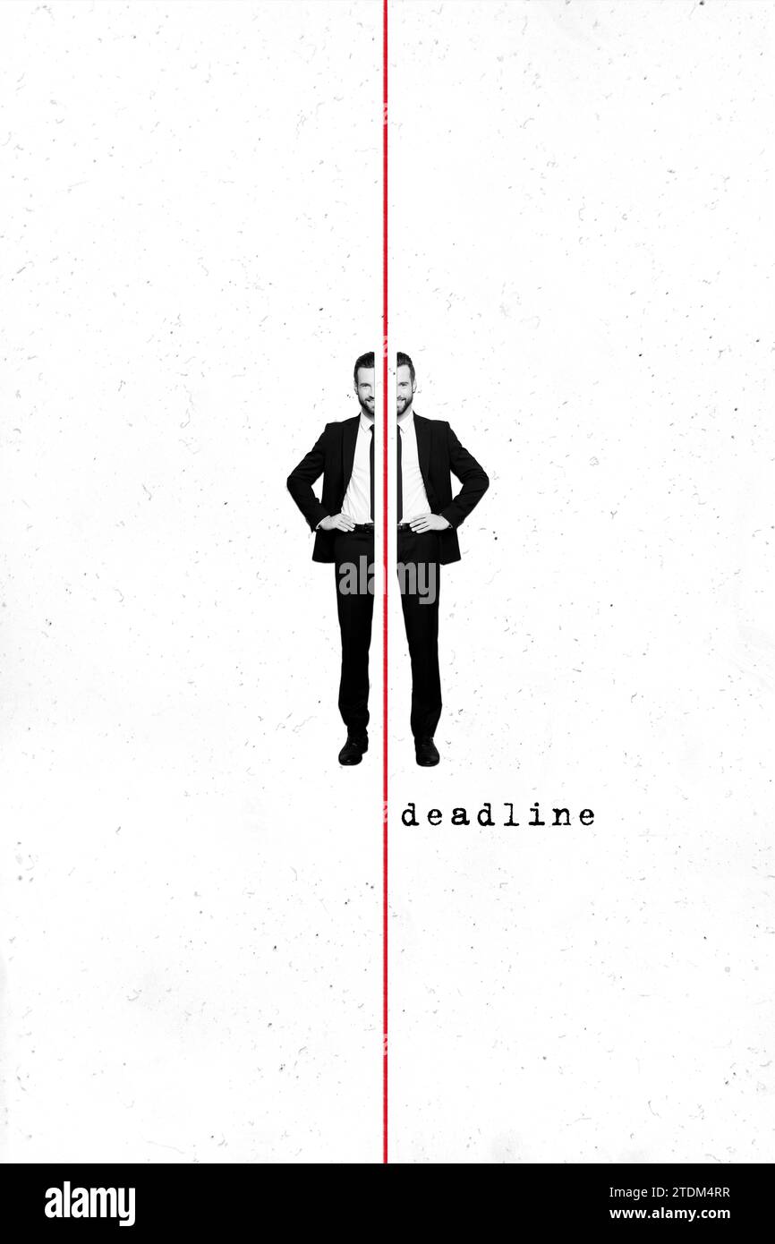 Vertical creative poster collage divided standing young satisfied ...