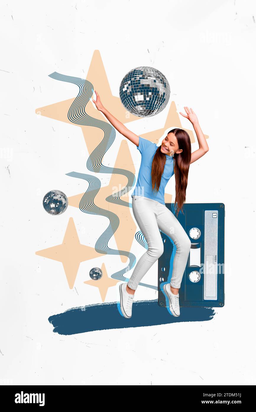 Vertical picture artwork sketch collage of cheerful cute girl have fun ...