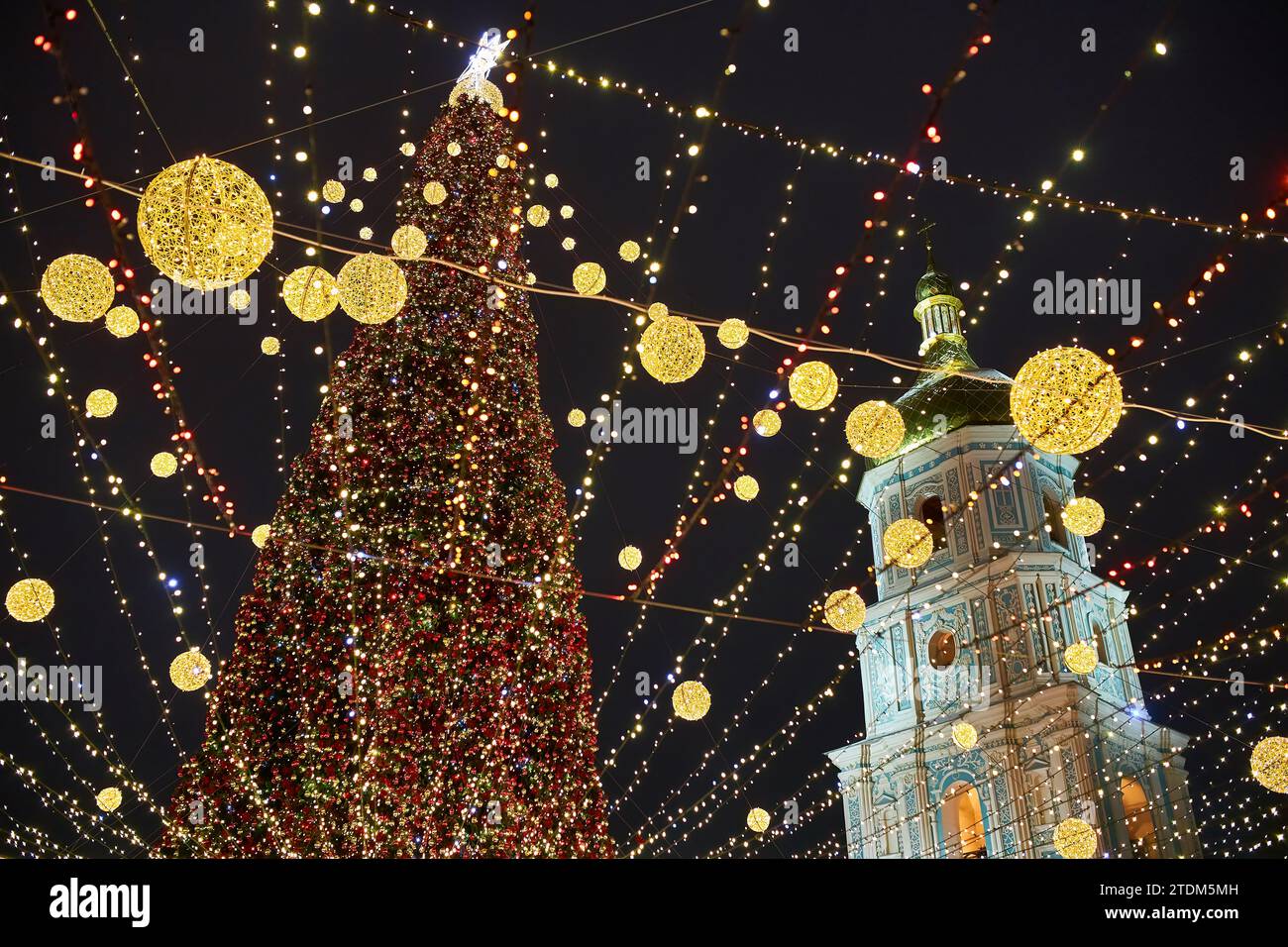 Festive Christmas tree with garlands of the year 2022 and St Sophia ...