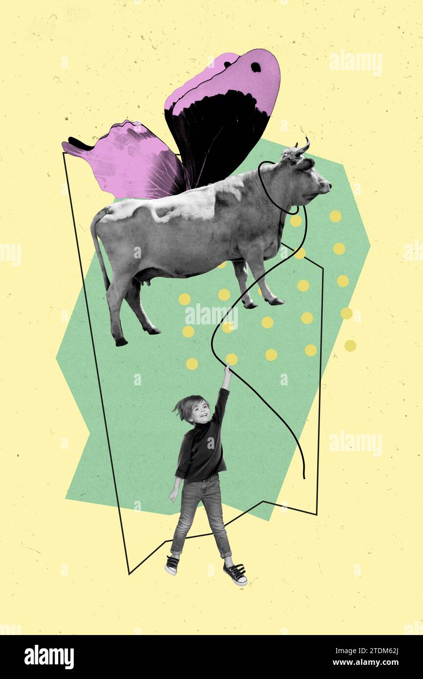 Vertical creative collage little young school boy catch rope domestic ...