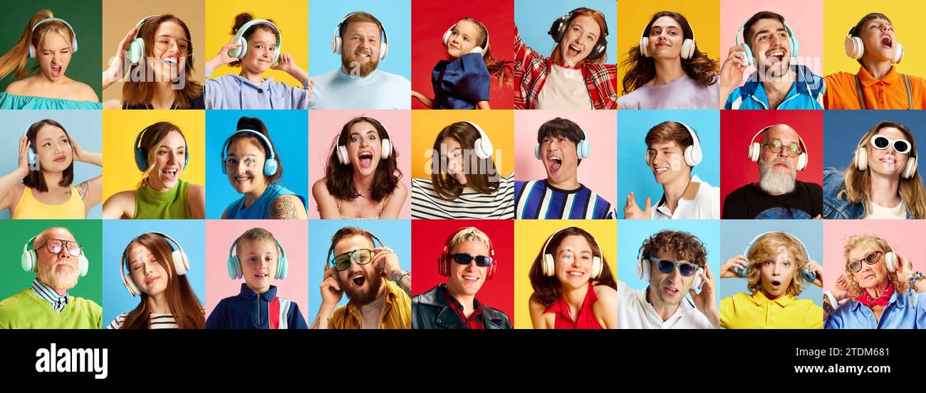 Collage. People of different age, gender and nationality listening to ...