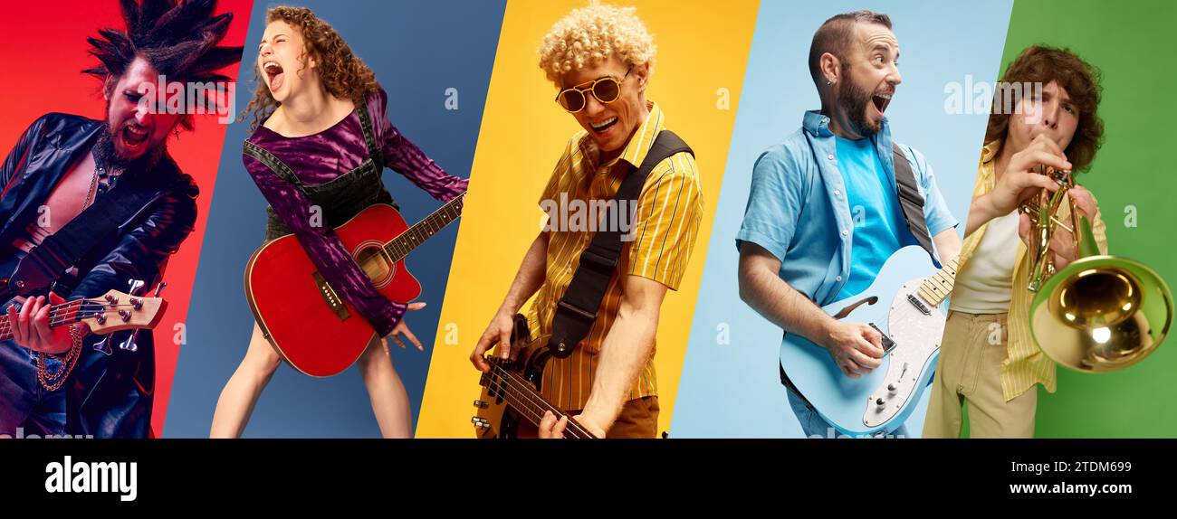 Different kind of music. Collage. People playing music instruments over ...