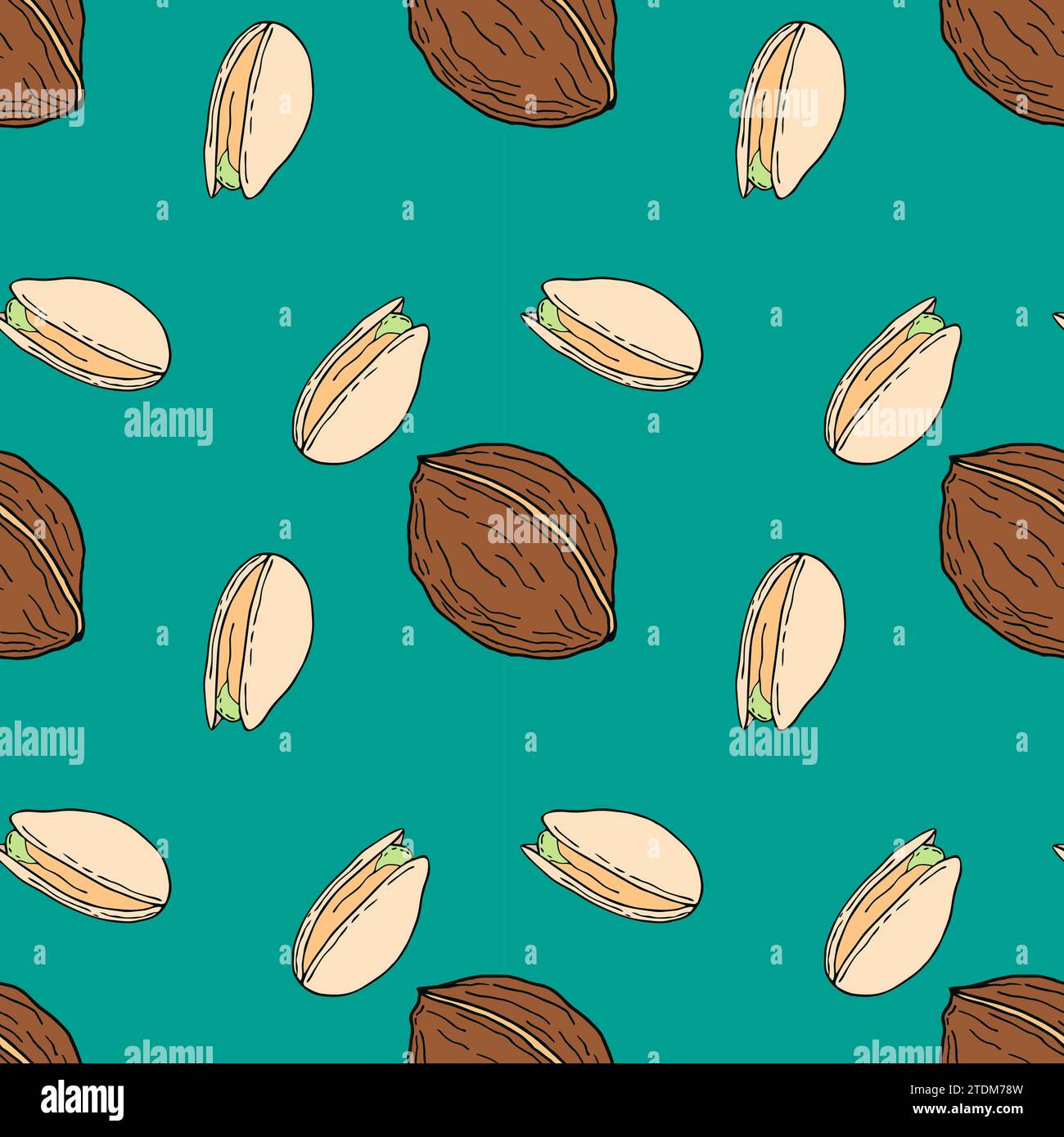 Pattern with walnuts and pistachios, handmade doodle drawing, on blue ...
