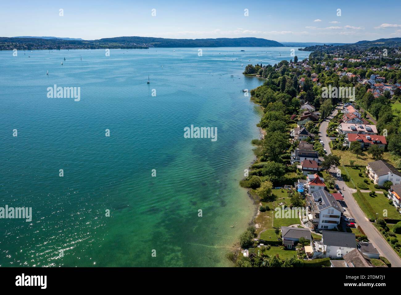 Aerial view from a drone of the beautiful coastline of Bodensee lake ...