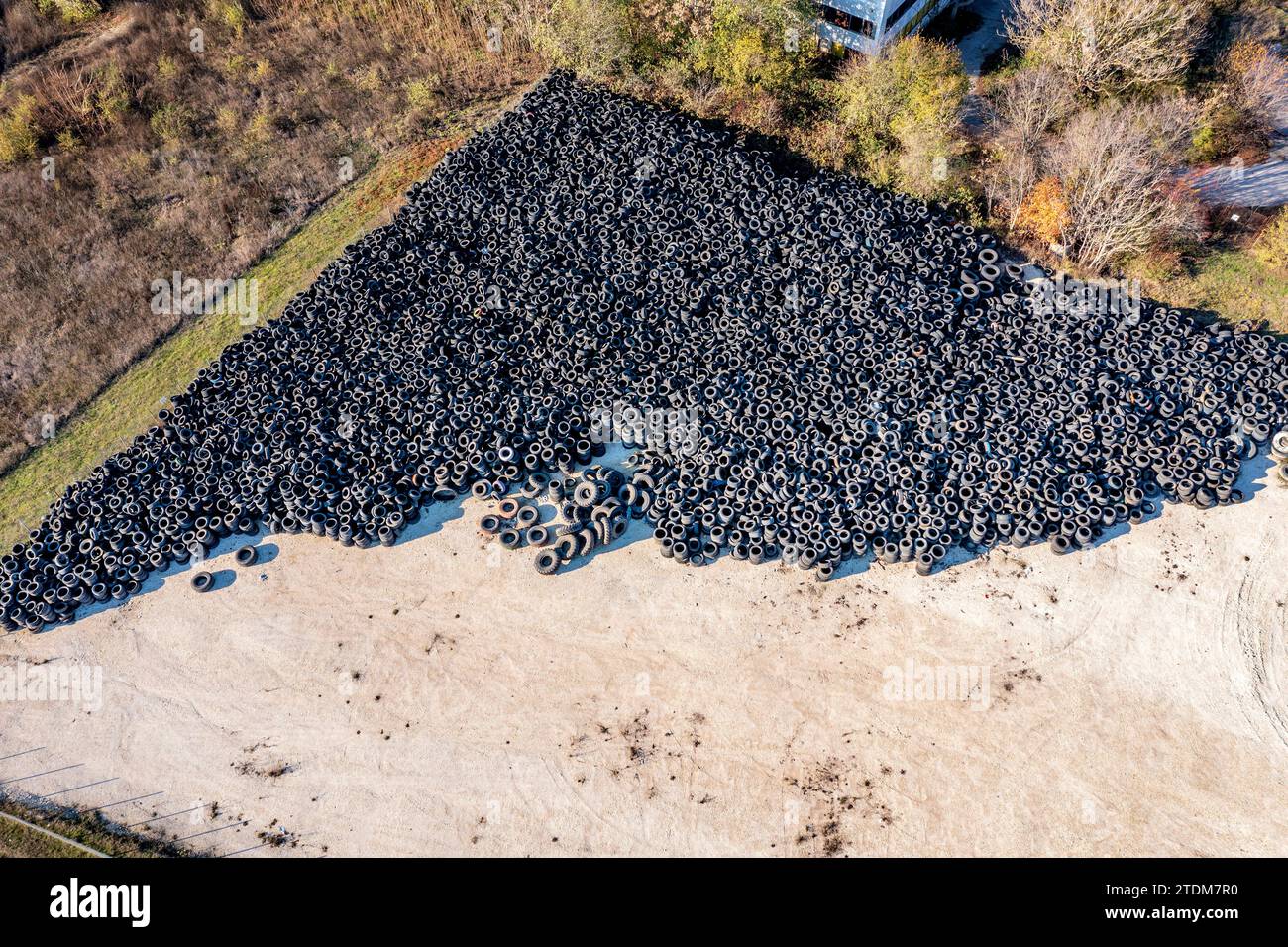 aerial view of many old tires from used cars. Environmental pollution ...