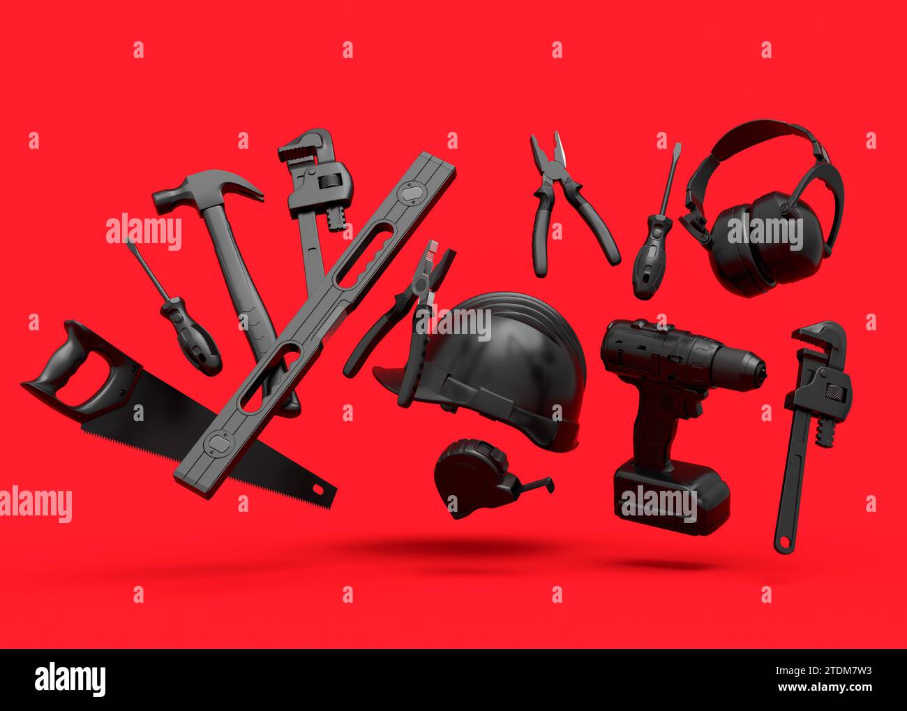 Flying view of monochrome construction tools for repair and ...