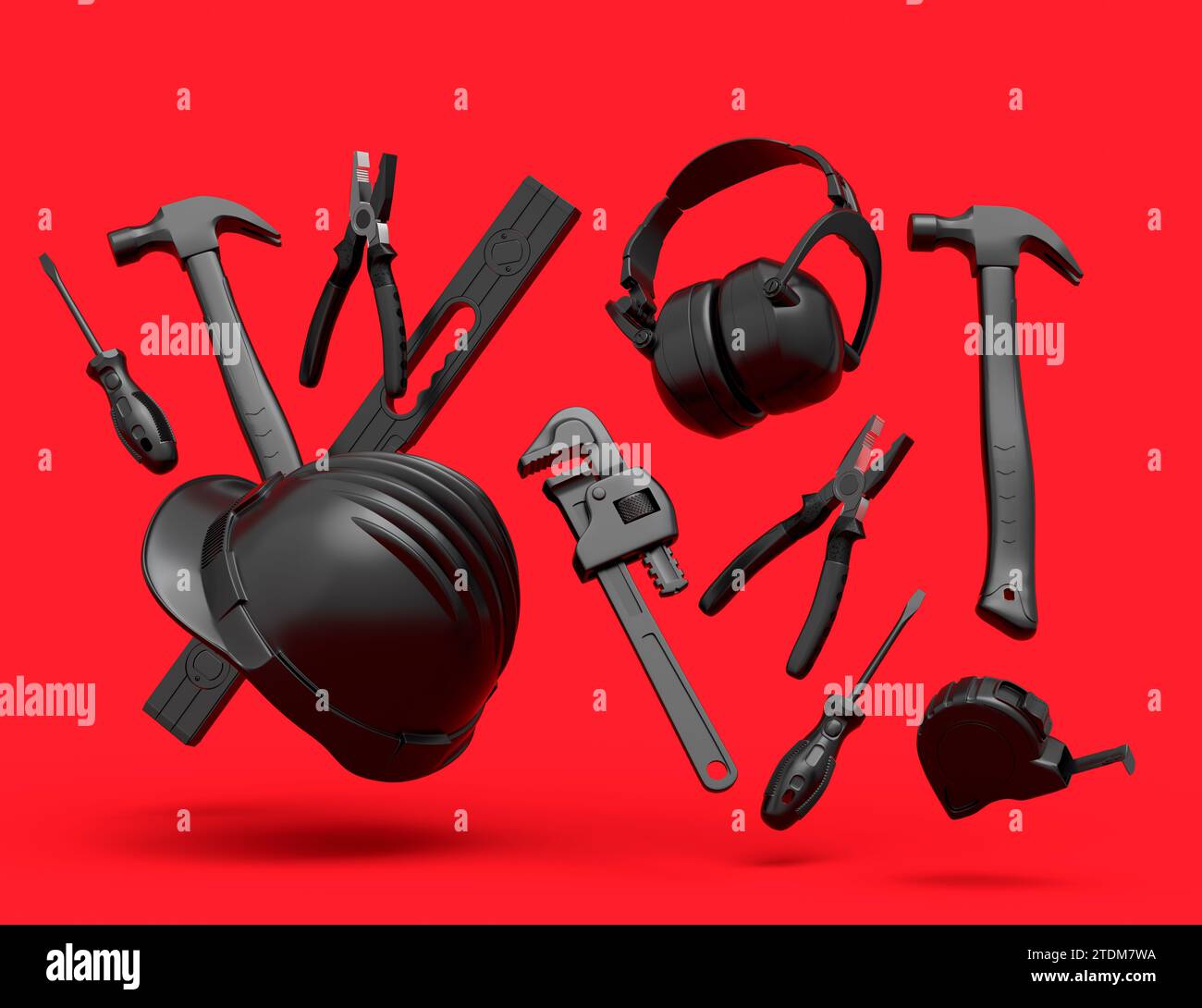 Flying view of monochrome construction tools for repair and ...