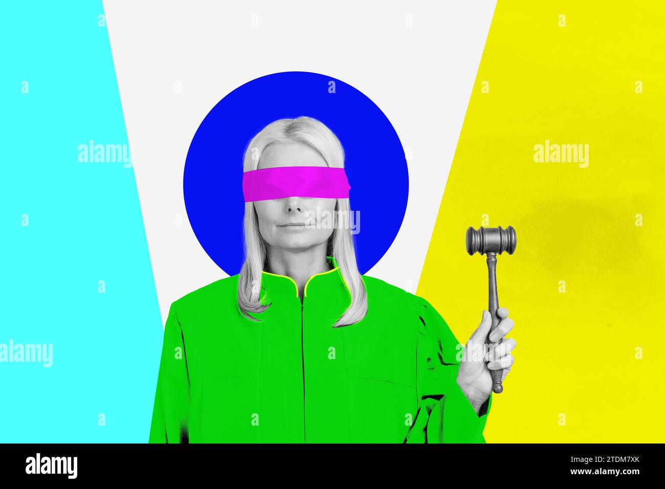 Collage picture of black white colors judge lady hand hold gavel tied ...