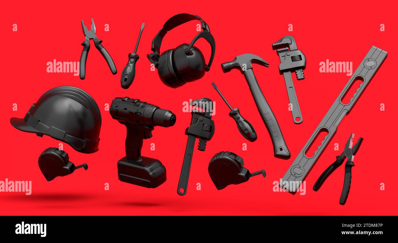 Flying view of monochrome construction tools for repair and ...