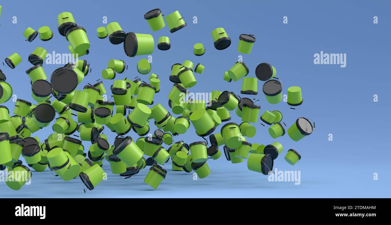 Many of flying plastic cans or buckets on blue background. 3d render of ...