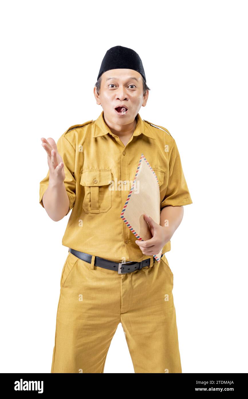 A civil servant man carrying a brown envelope with a hand gesture ...