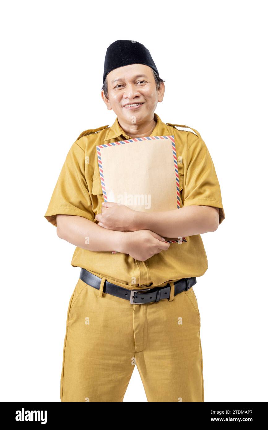 A civil servant man carrying a brown envelope isolated over a white ...