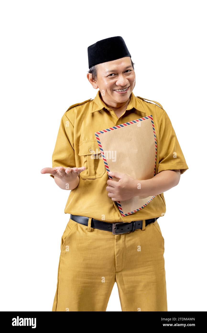 A civil servant man carrying a brown envelope with a hand gesture ...