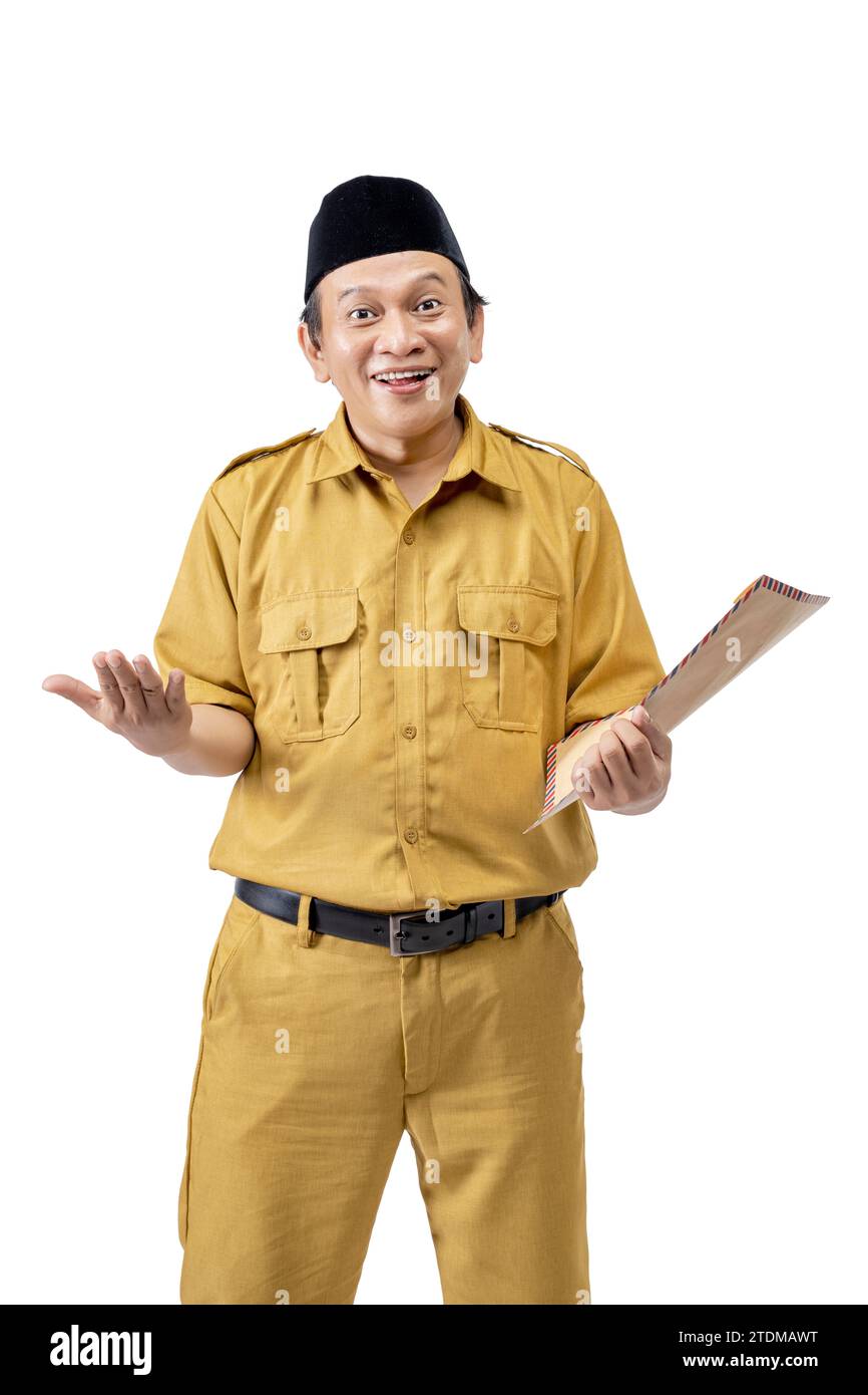 A civil servant man carrying a brown envelope with a hand gesture ...