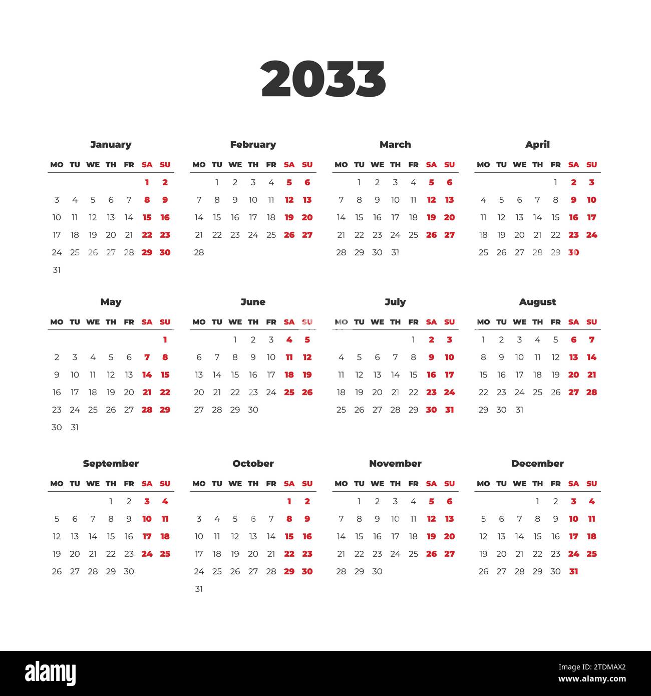 Simple vector calendar on 2033. Start from Monday Stock Vector Image ...