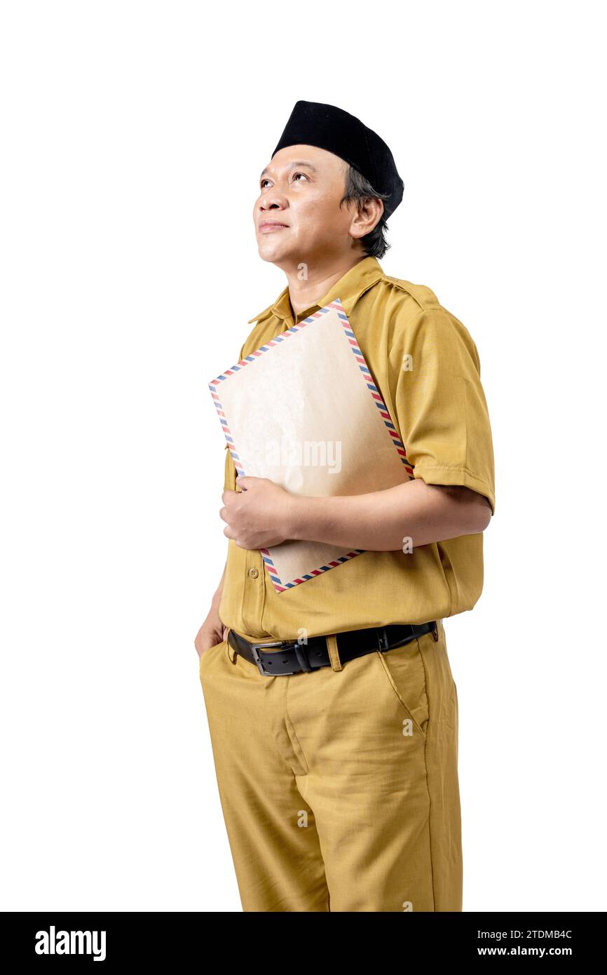 A civil servant man carrying a brown envelope isolated over a white ...