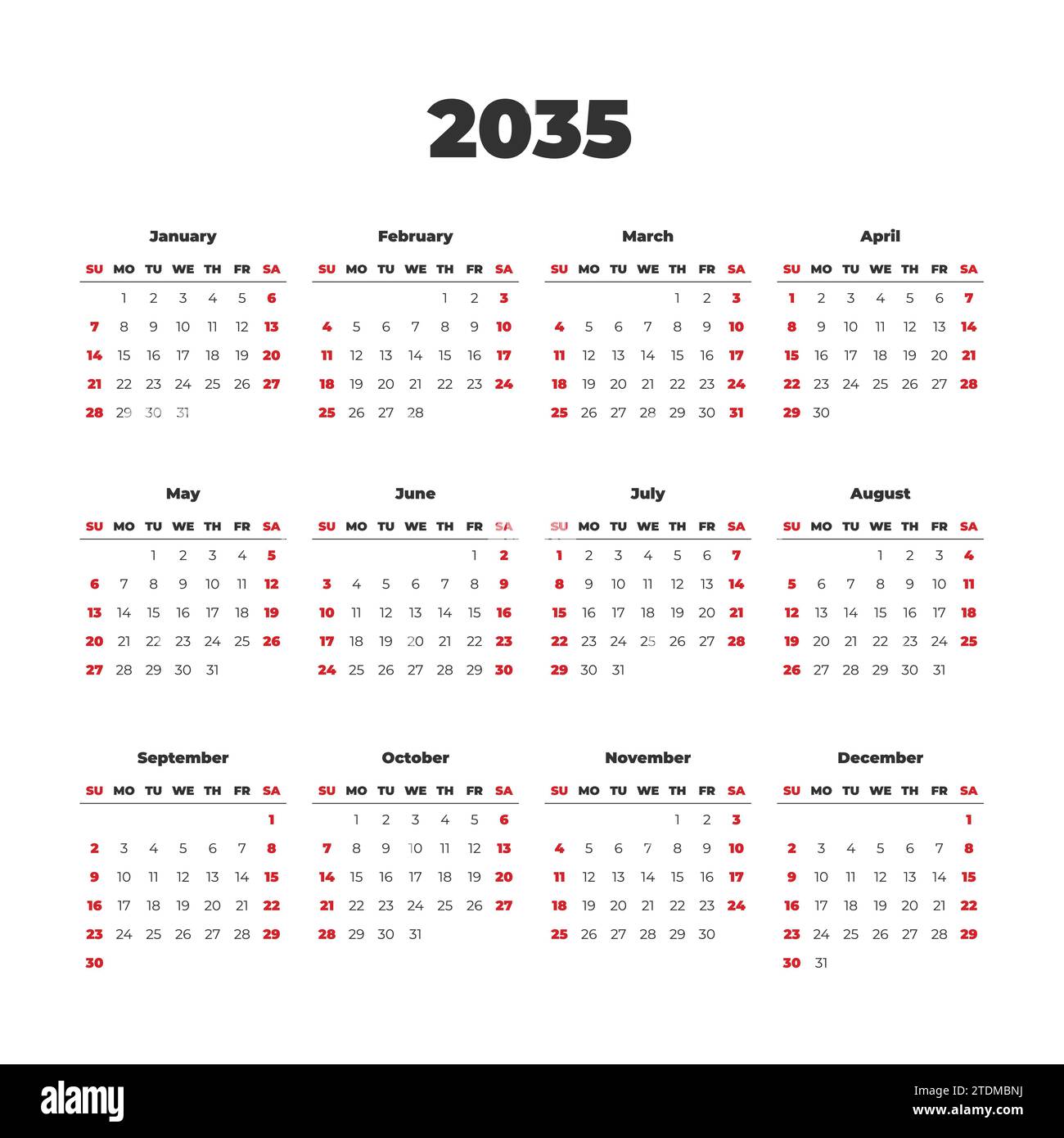 Simple vector calendar on 2035. Start from Sunday Stock Vector Image ...
