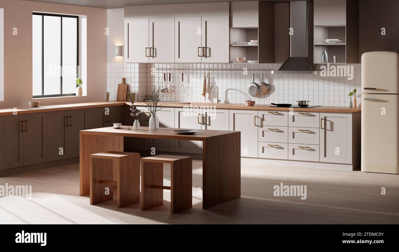 A bright beige-toned kitchen interior with sunlight coming through the ...